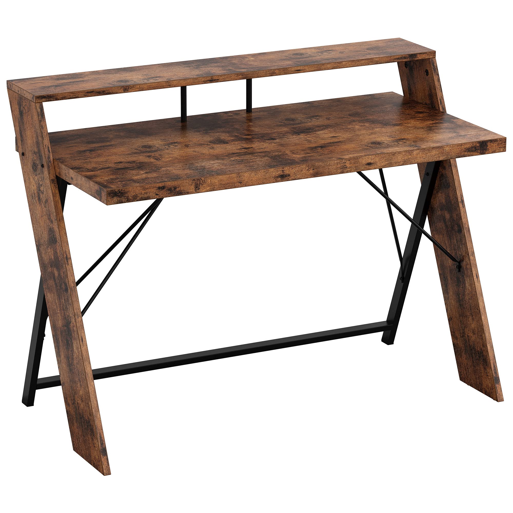 IRONCK Industrial Computer Desk 47", Office Desk with Monitor Shelf, with Thicker Tabletop and Diagonal Wood Legs, Studying Writing Table for Home Office