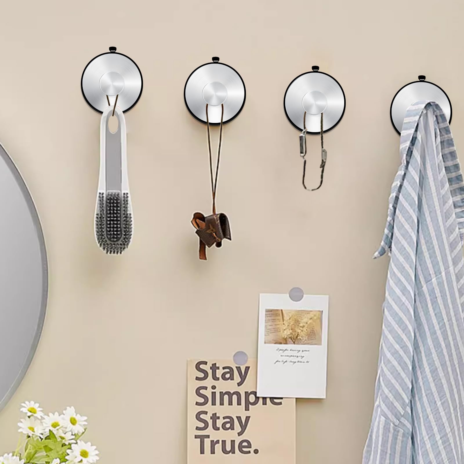 WAYCOM Suction Cup Hooks for Shower, 2Pcs Towel Hooks for Bathroom Wall SUS304 Vacuum Stainless Steel Shower Hooks Bathroom, Kitchen, Glass Door, Tile β Loofah, Towel, Coat, Bath Robe Hook Holder