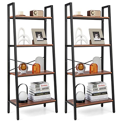 Tangkula 4-Tier Ladder Bookshelf, Freestanding Open Bookcase with Metal Frame & Anti-toppling Device, Industrial Wooden Storage Display Shelf Plant Stand for Living Room Study Balcony (2, 4-Tier)