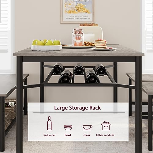 IDEALHOUSE Dining Table Set for 4, Kitchen Table and 2 Chairs with Storage Bench, 47.2" Rectangular Kitchen Table Set with Wine Rack, Dining Room Table Set for Small Space, Apartment, Rustic Gray