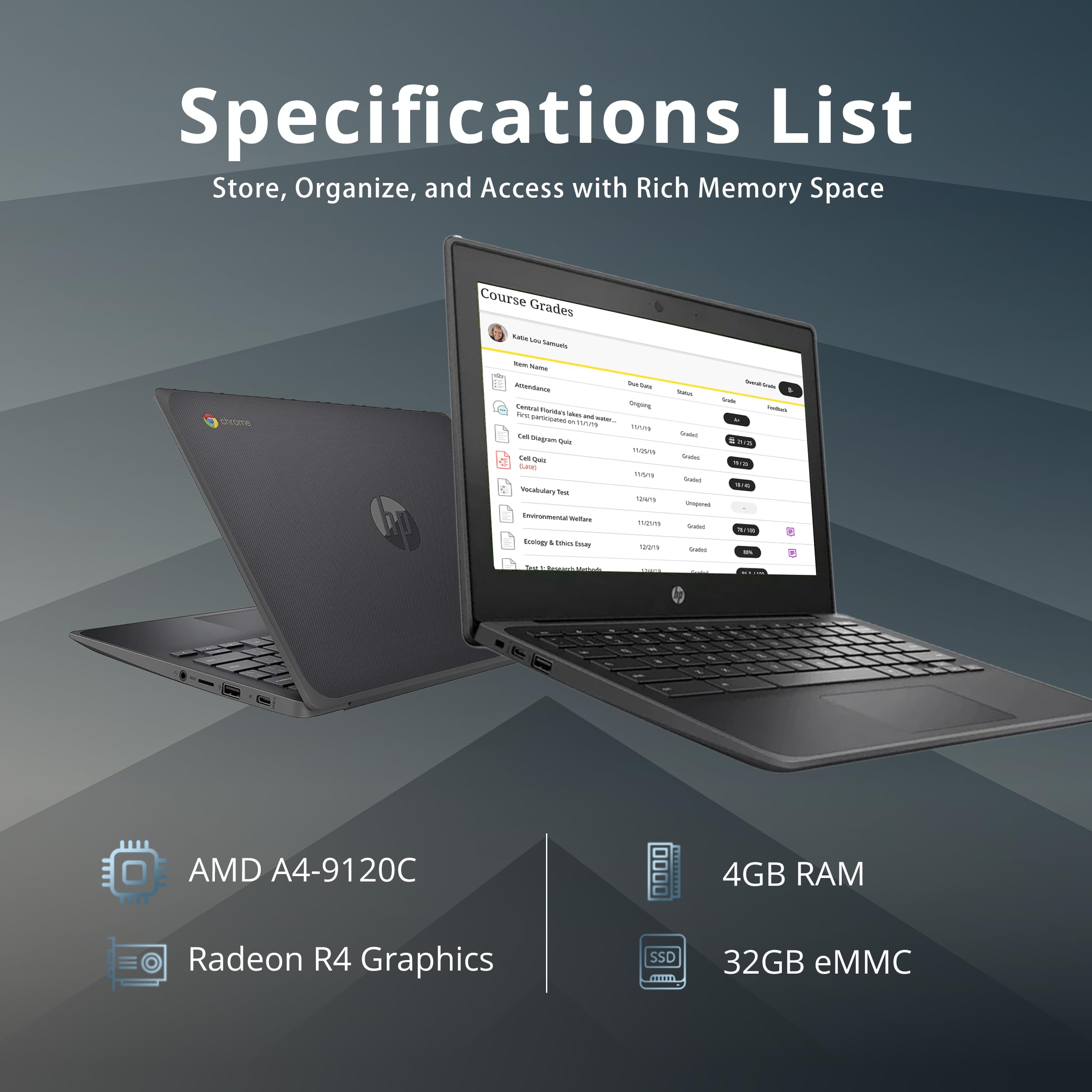 HP 11A G8 11.6'' HD Student Chromebook Laptop, AMD A4-9120C Processor, Radeon R4 Graphics, 4GB RAM, 32GB eMMC, HD Webcam, Chrome OS, Black, 32GB Snowbell USB Card