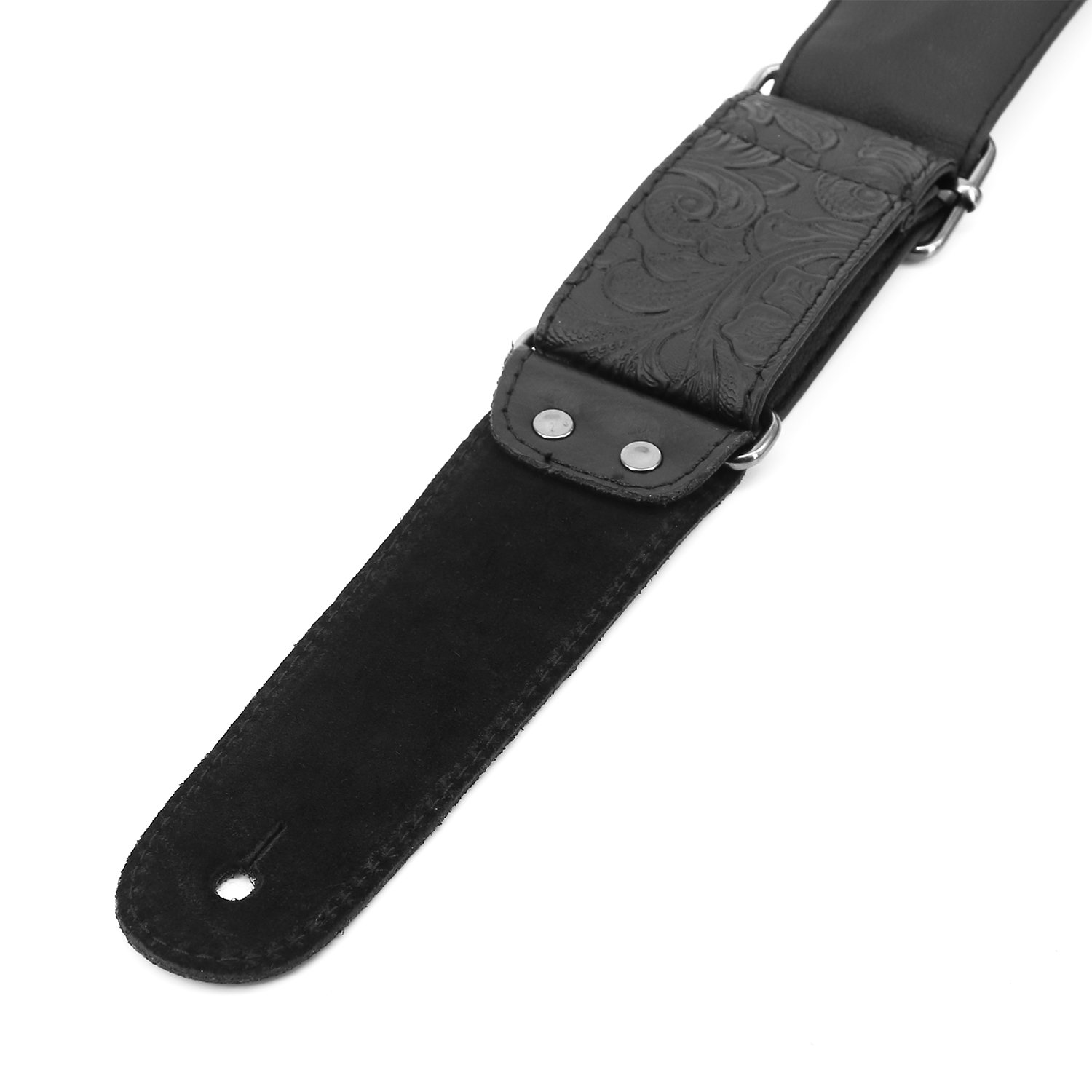 Guitar Strap, Printed Leather Guitar Strap PU Leather Western Vintage 60's Retro Guitar Strap with Genuine Leather Ends for Electric Bass Guitar,Wide Adjustment Range, with Tie,Include 2 Picks,Black