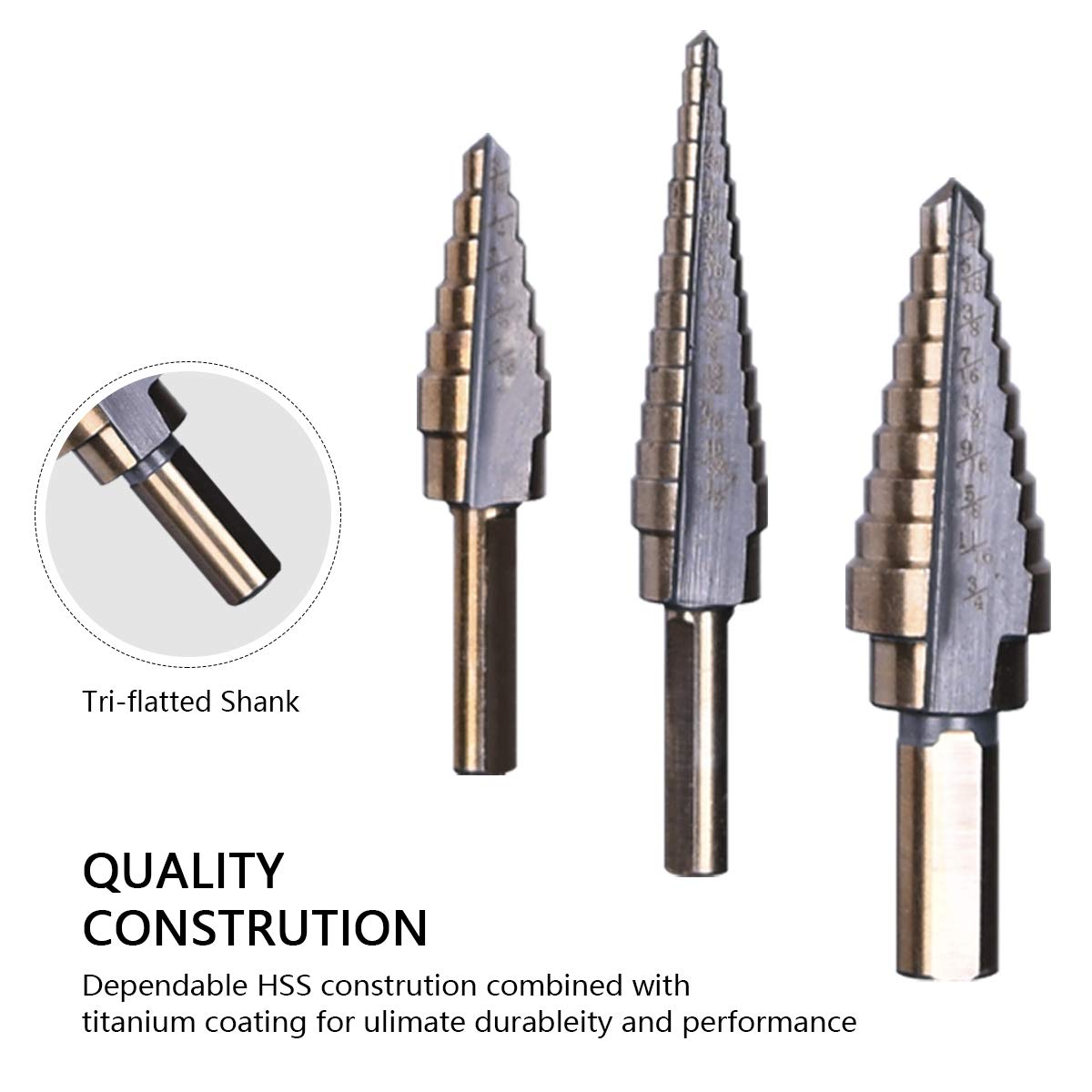 HYCLAT 5PCS Step Drill Bit Set | Titanium High-Speed Steel (HSS) Stepper Cone Drill Bit | Covering 50 Sizes(1/8''-1 3/8''), 135 Degree Point, with Aluminum Case