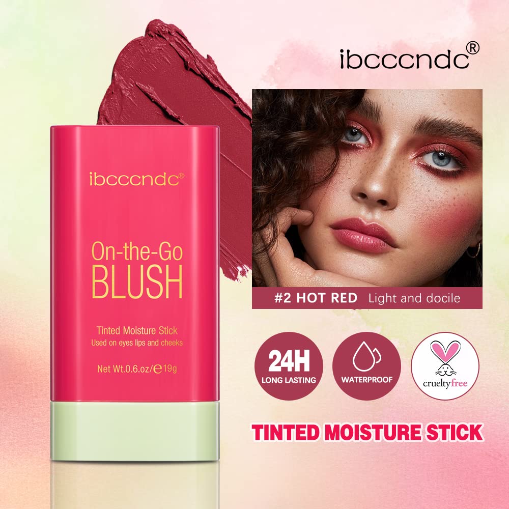 Ibcccndc Cream Blush Stick - Multi-Use Makeup Stick for Cheeks and Lips with Hydrating Formula, 2-in-1 Beauty Blush Stick with Soft Cream, On-the-Go Blendability (hot red)