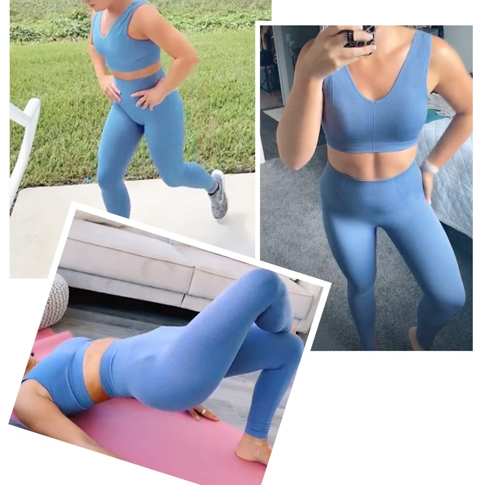 Jetjoy Women 2 PCS Workout Set Seamless Super Soft Material Deep V Neck Bra+Leggings Sports Suit Yoga Outfits