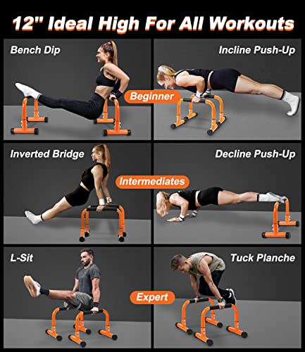 TABEKE Push Up Bar, 12" High Parallettes Bars & Dip Bar With Full-Cover Foam Handles, No Wobbling Calisthenics Equipment For Handstand, L-Sit, Gymnastics, Strength Training Home Gym