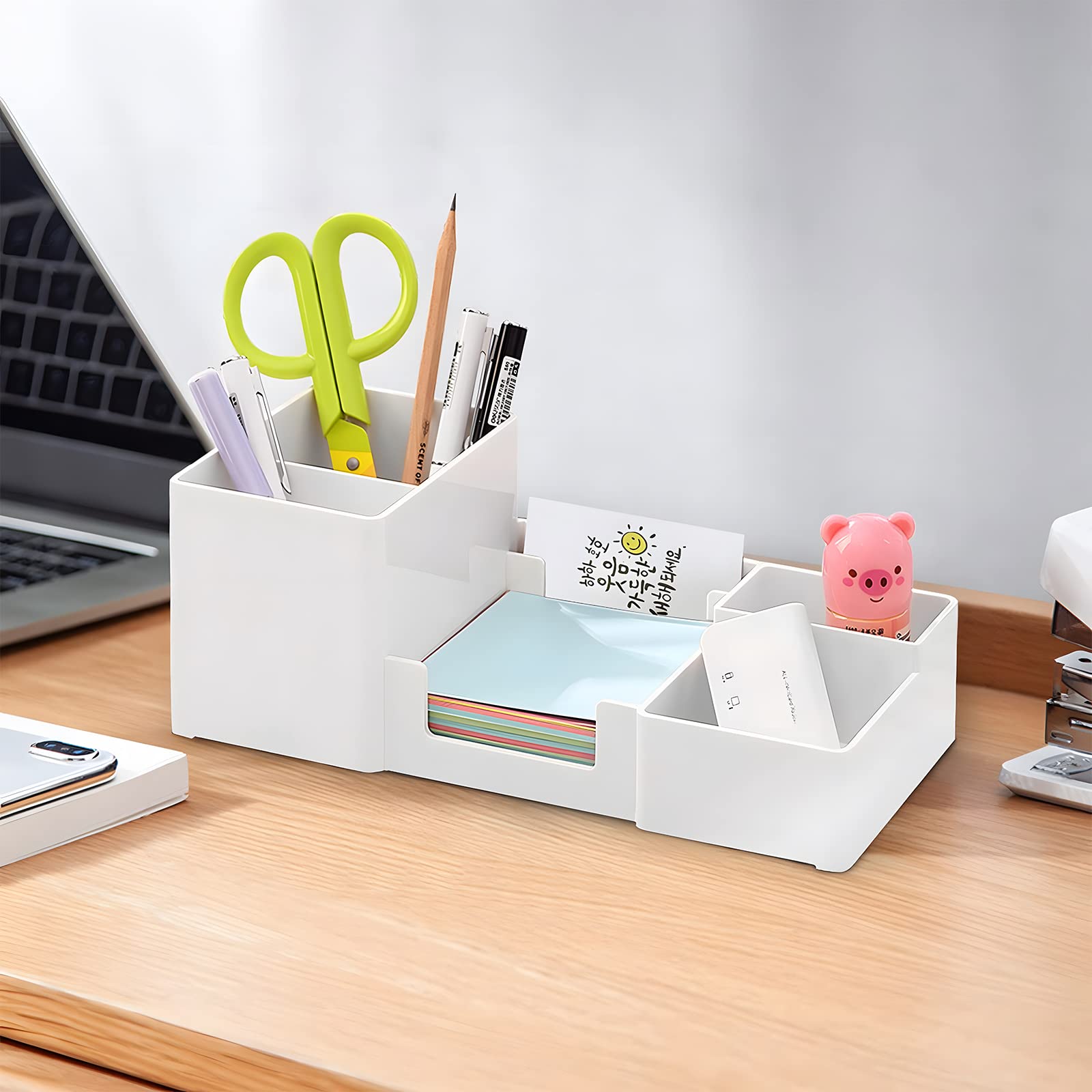 JUPELI Desk Organizer, Desktop Organizer with Pencil Holders, Sticky Note Tray, Paperclip Storage and Office Accessories Caddy, Office Stationery Supplies Organizers, 6 Compartments, White