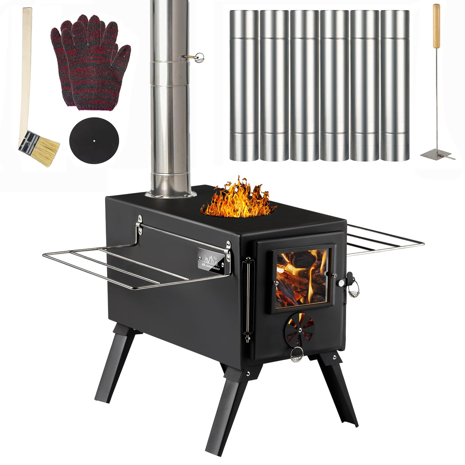 Hot Tent Stove,AVOFOREST Wood Burning Stove,Small Wood Stove with 7 Stainless Chimney Pipes for Outdoor Heating & Cooking, Ice Fishing, Hunting