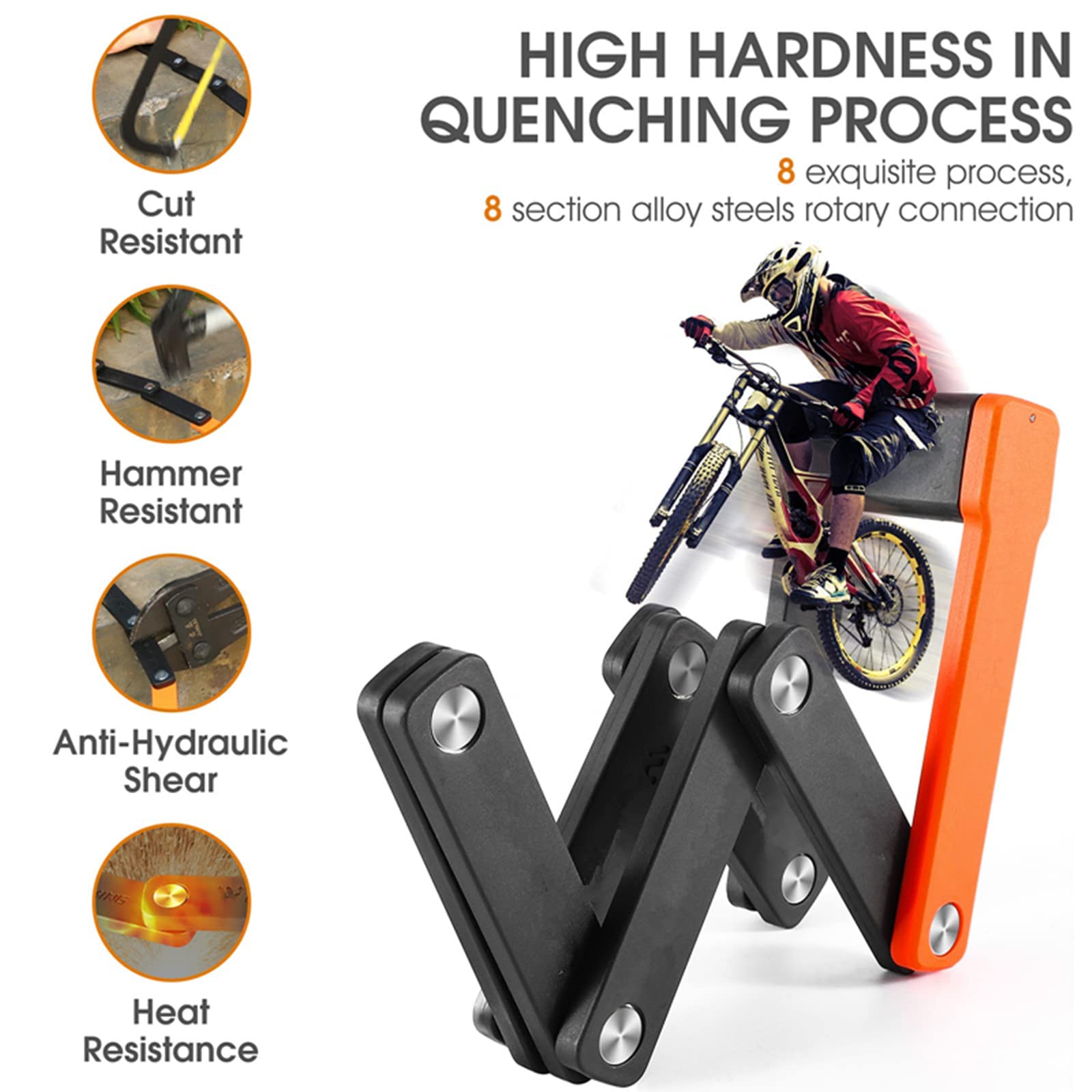 Kingsea Compact Folding Bike Lock,63 Cm Anti Theft Security Bicycle Locks, Bicycle Security Chain Lock with Bracket for Electric Bikes/Scooters Mountain Bike with 3 Keys