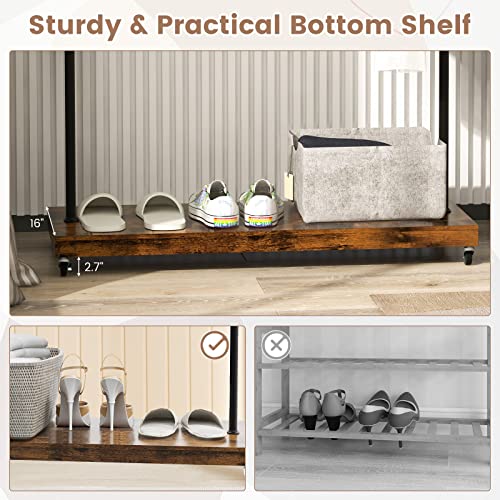 Tangkula Clothes Rack on Wheels, Industrial Pipe Style Rolling Garment Rack with Bottom Storage Shelf & 5 Hanging Hooks, Clothes Organizer with Sturdy Metal Frame for Bedroom Laundry Room