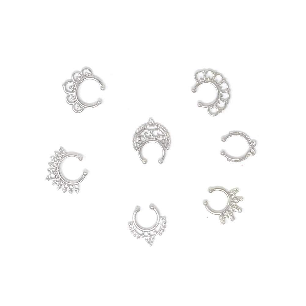 Honbay 7pcs Mix Style Silver Fake Septum Clicker Nose Ring Non Piercing Hanger Clip Body Jewelry