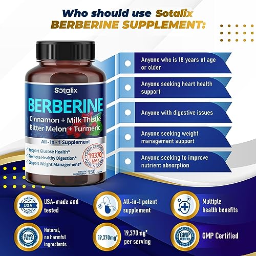 SOTALIX SUPPLEMENT Premium Berberine 19,370mg Plus Ceylon Cinnamon, Bitter Melon, Milk Thistle - Supports Immune System, Heart & Gastrointestinal Wellness - 150-day Supply (150 Count (Pack of 1))