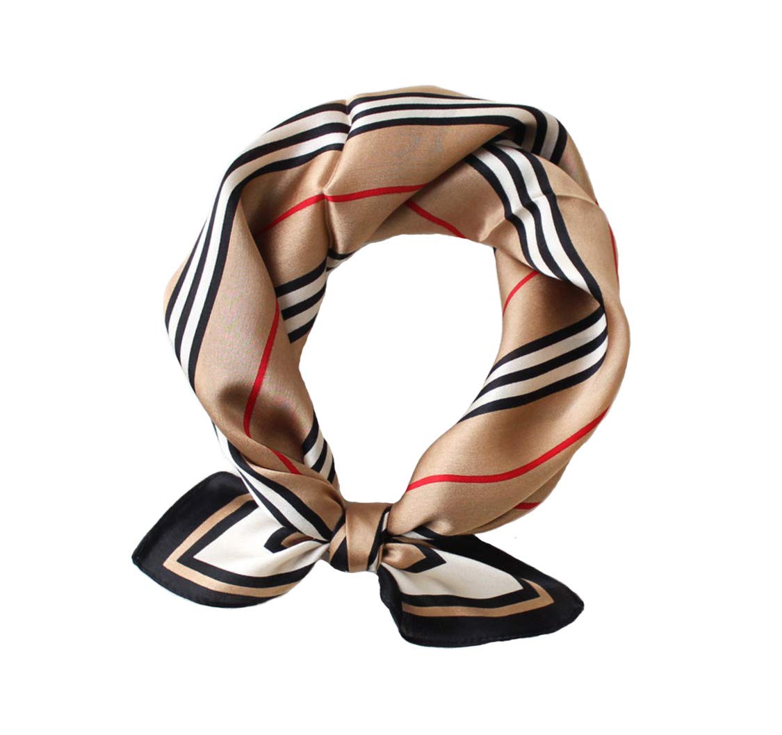 JERLA Women's Men's Small Square 100% Real Mulberry Silk satin Scarfs Hair head face scarf 21" x 21" (Stripe khaki)