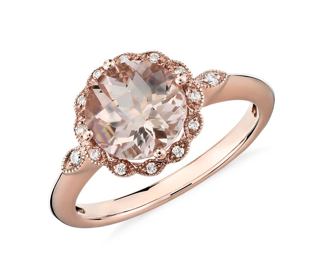 Jewelrygift 14K Rose Gold Plated Halo Ring CZ Morganite Faceted Gtone Unique Design Wedding Engagement Jewelry Vintage Style to Any Outfit for Women Ring US Size:9.5