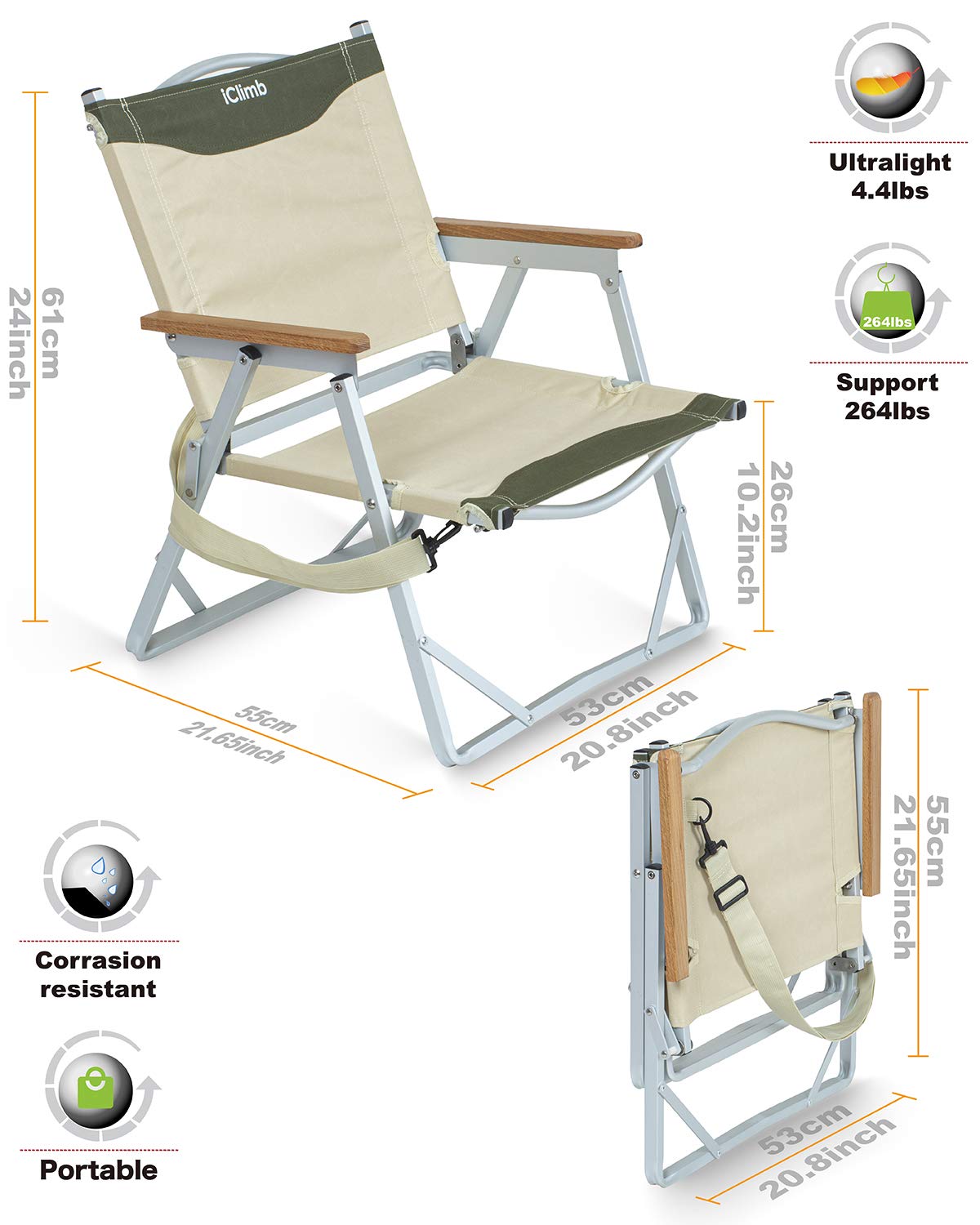 iClimb Ultralight Low Beach Concert Camping Folding Chair with Handle and Shoulder Strap (Beige - 2PC)