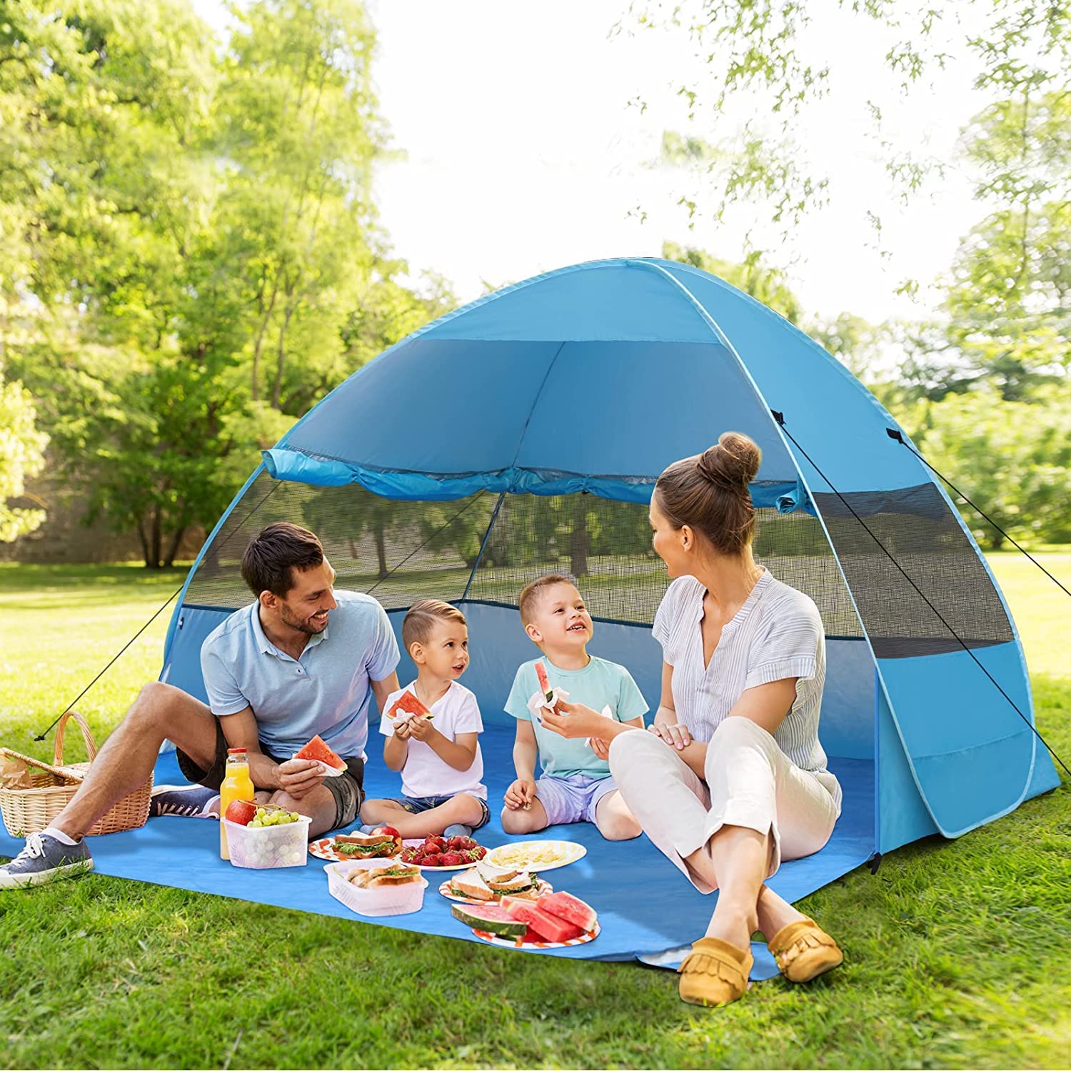 Large Pop Up Beach Tent for 3-4 Person, UPF 50+ Beach Sun Shade, Automatic Beach Sun Shelter Umbrella with Carry Bag, Lightweight and Easy Set Up
