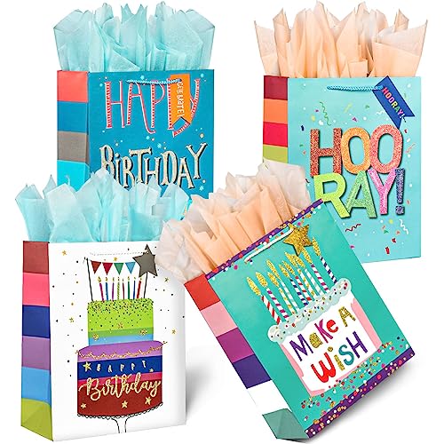 WLUSEAXI 4Pack Birthday Gift Bag with Tissue Paper and Handle,Large Birthday Gift Bags for Kids with Tags,Funny Glitter Happy birthday gift bags for Women Girls Boys(Sizes 12.5"x10.1"x3.9")