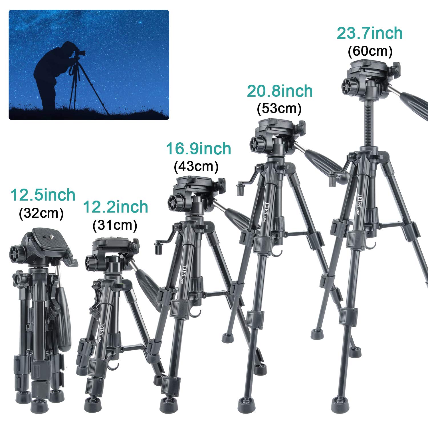 JEIFN Q100 Tabletop Camera Tripod for Travel and Indoor with 3-Way Pan Head, 1/4 inches Quick Release Plate and Phone Clip for DSLR Camera (Black)
