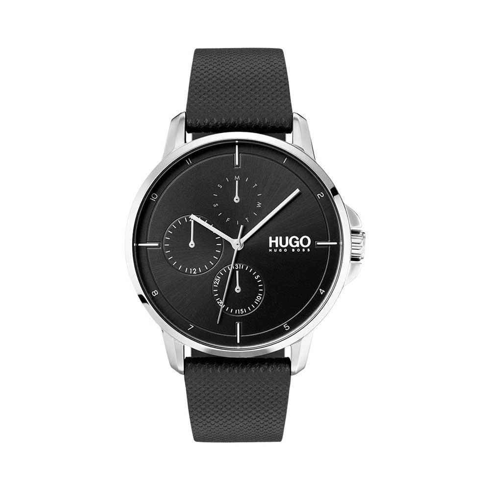 HUGO #Focus Men Quartz Multifunction Ionic Plated Dark Blue Steel and Leather Strap Business Watch, Color: Blue (Model: 1530033)
