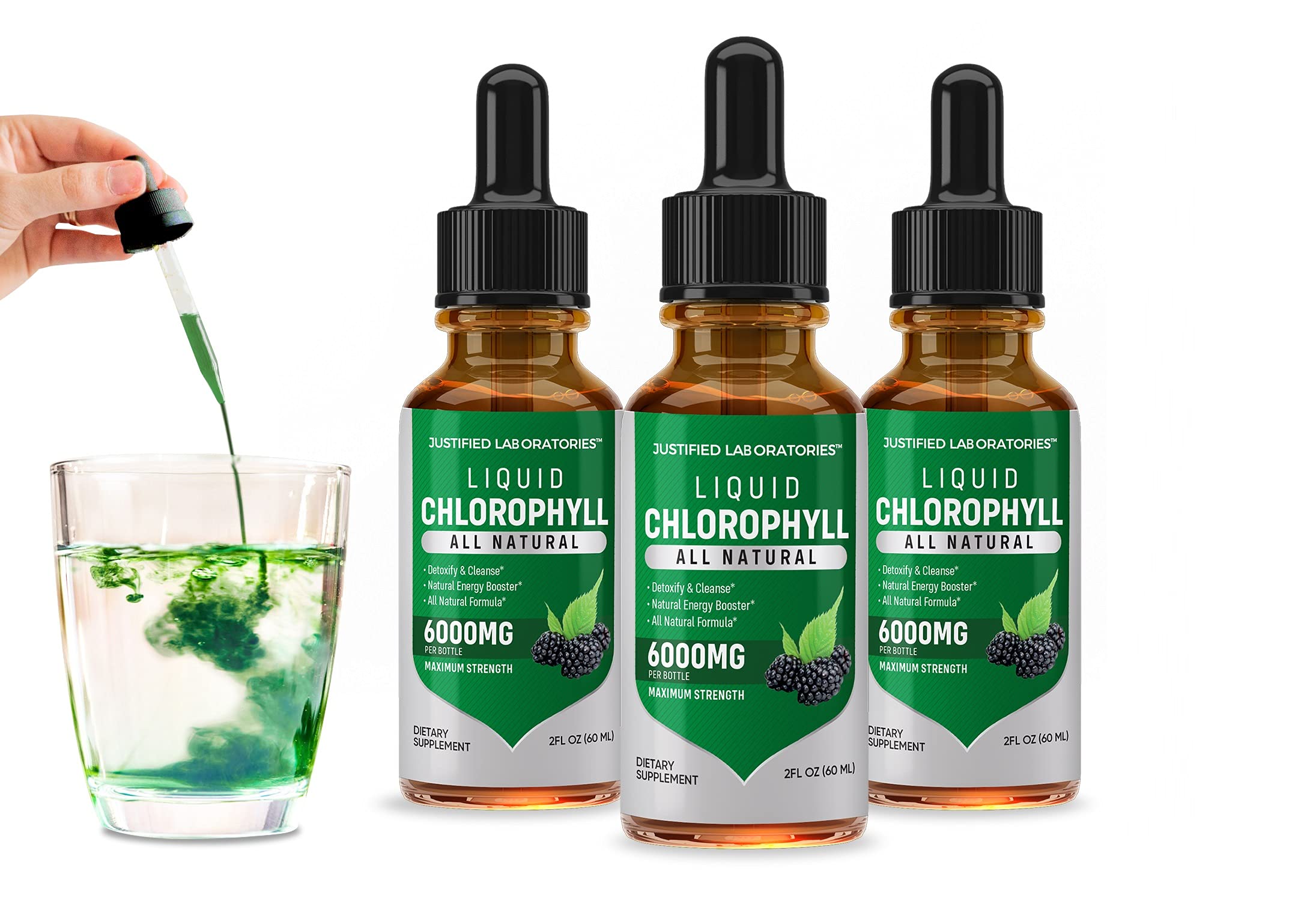 Justified Laboratories (3 Pack) Liquid Chlorophyll Drops 6000MG Maximum Strength Green Concentrate Blend Filled with Antioxidants Minerals and Vitamins 2 FL OZ