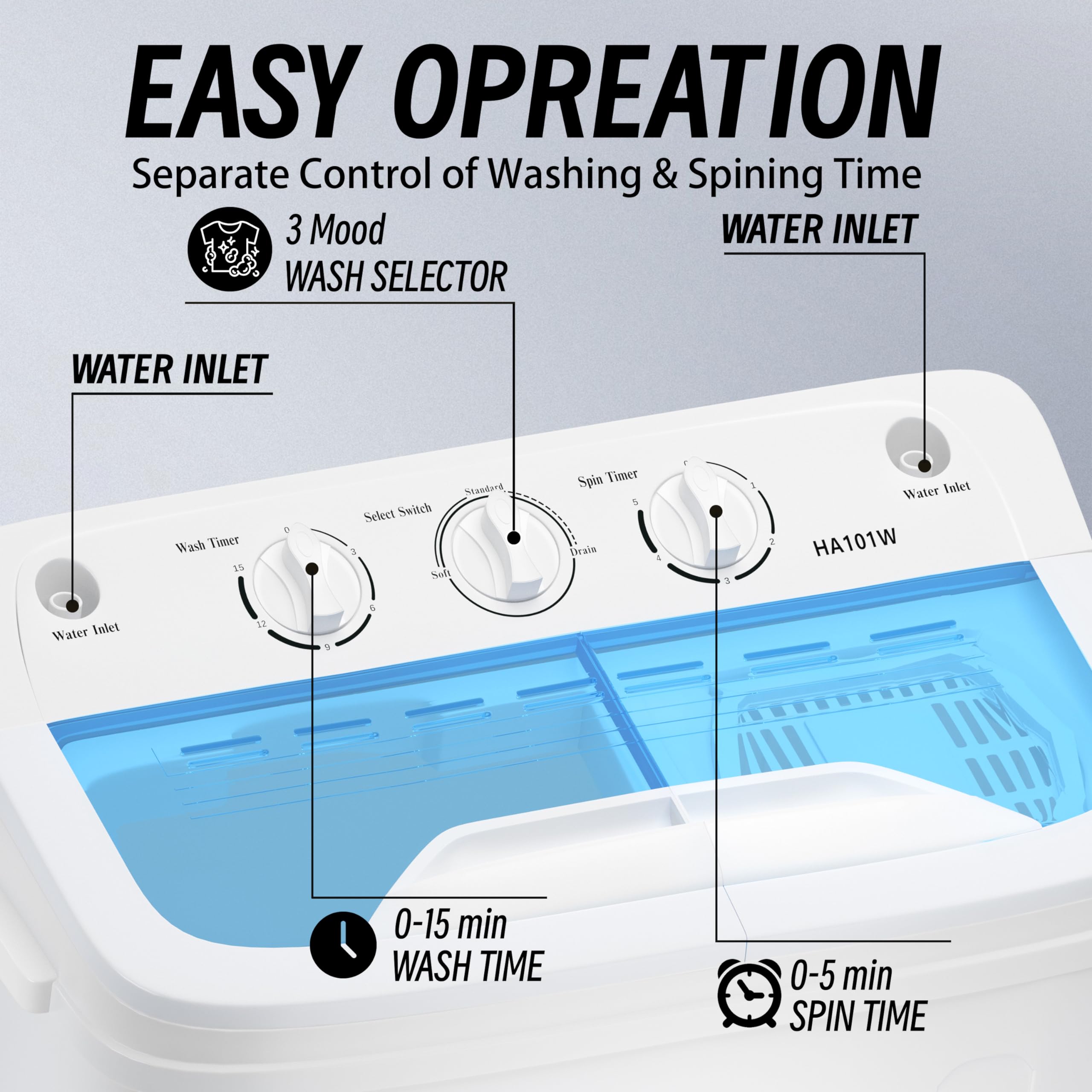 Sportpulse 18lbs Compact Mini Twin Tub Washing Machine with Drying Rack, 11lbs Portable Laundry Washer and 7lbs Spinner, Convenient and Efficient for Dorms, Apartment