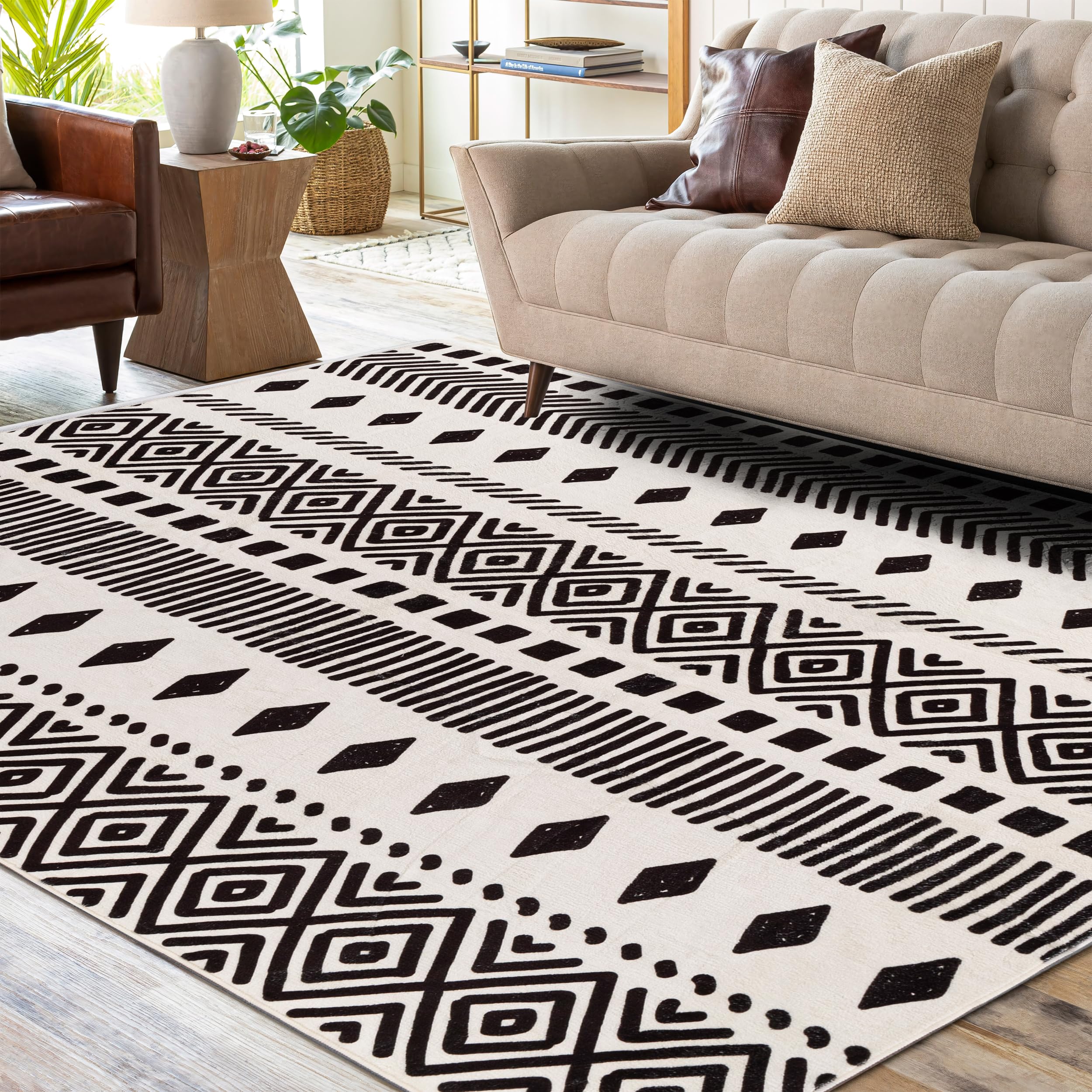 UBTKEY Living Room Area Rug 5x7, Ultra-Thin Non Slip Washable Farmhouse Rugs for Bedroom, Geometric Abstract Boho Area Rugs Large Floor Carpet for Home Office Decor (White/Black, 5' x 7')