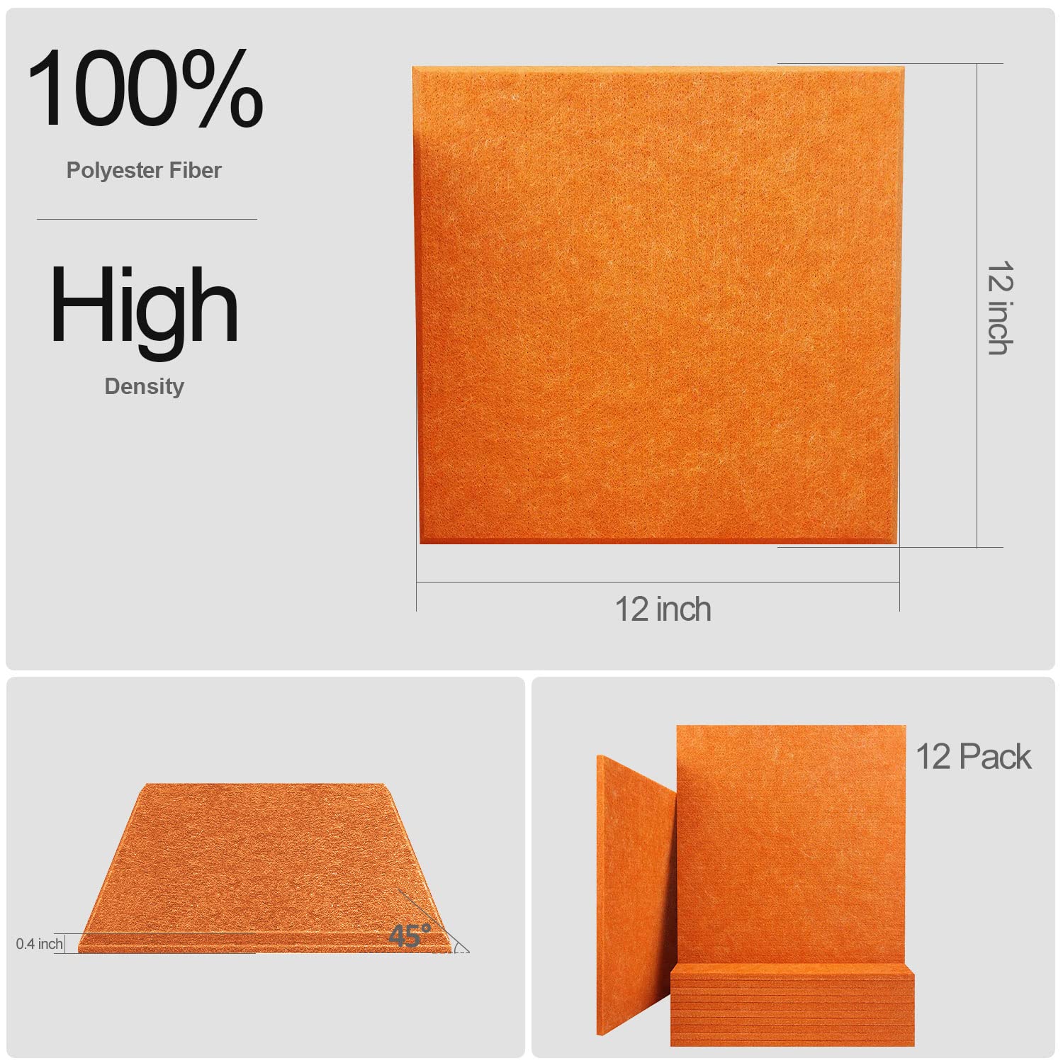 JBER Professional Acoustic Foam Panels, Sound Proof Padding Soundproofing Absorption Panel, 12" x 12" x 0.4" High Density Beveled Edge Wall Tiles for Acoustic Treatment -12 Pack Orange