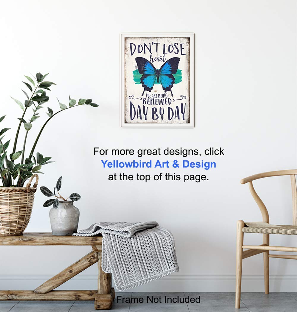 Inspirational Butterfly Picture - Christian Bible Verse Wall Art - Religious Scripture Wall Decor - Blue Rustic Boho Gift for Women - Motivational Home or Apartment Decoration for Bedroom, Living Room