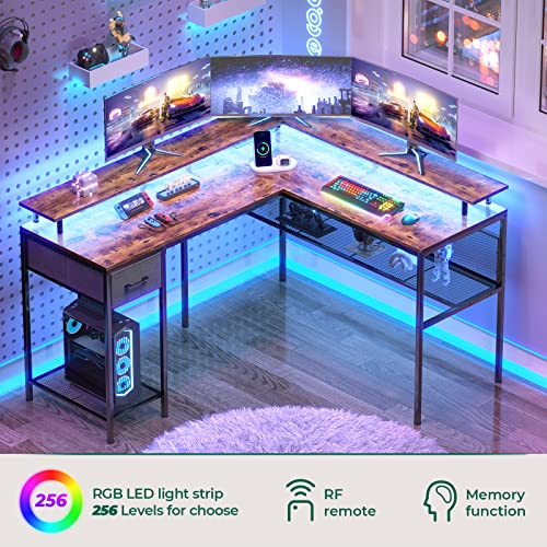 Huuger L Shaped Desk Computer Desk with LED Lights & Power Outlets, Gaming Desk with Storage Shelves, Corner Desk Home Office Desk, Rustic Brown