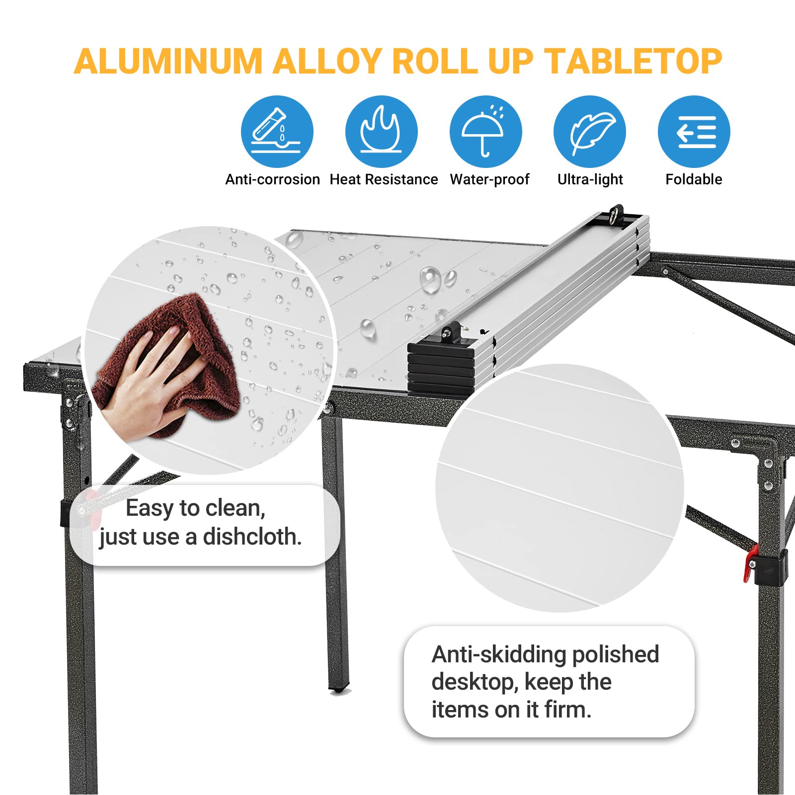 KingCamp Roll Up Aluminum Folding Table Compact Camping Foldable Camp Tables for Travel, Picnic, Party, Barbecue, Outdoor and Indoor, 4-6 Person