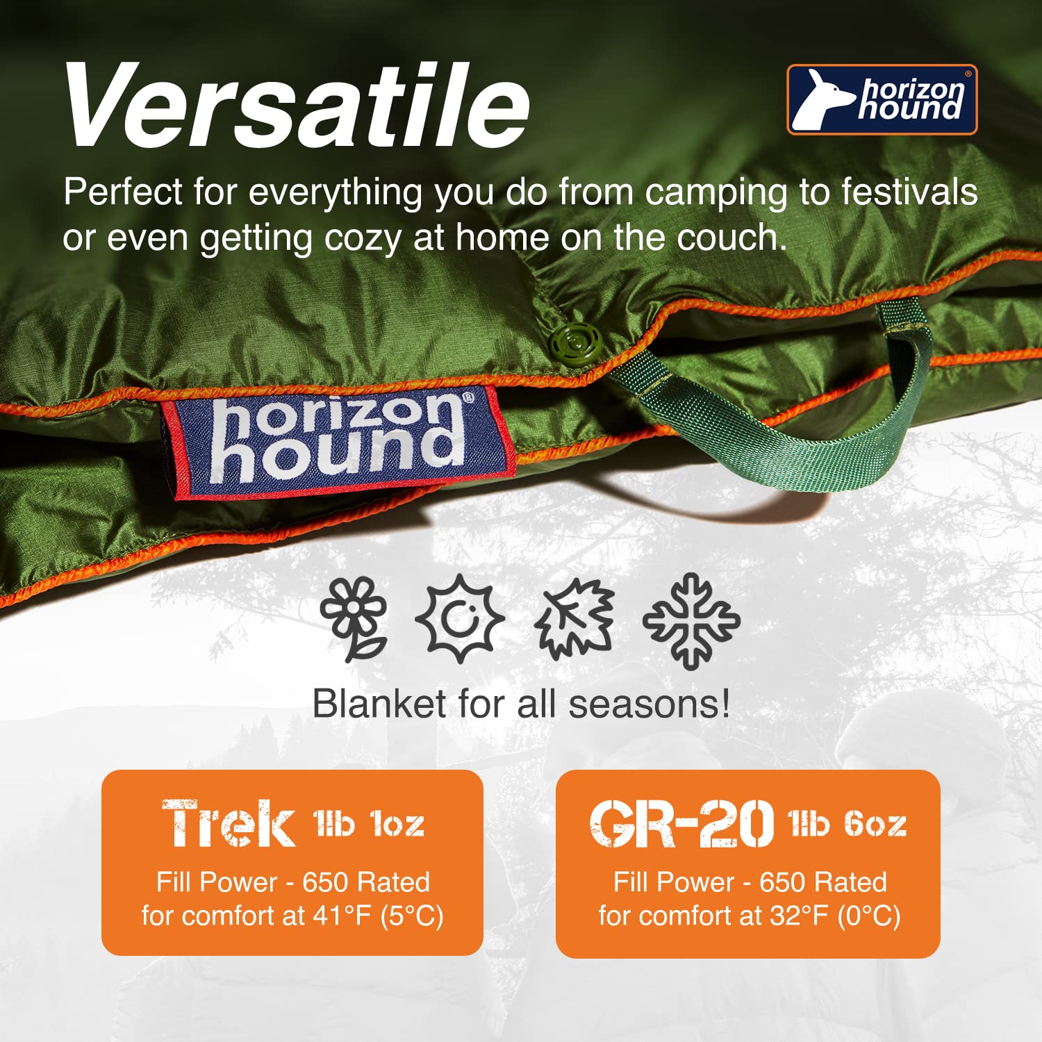 Horizon Hound Down Camping Blanket - Trek, Green Travel Blanket | Sustainable Insulated Down | Lightweight & Warm Quilt for Camping, Stadium, Hiking & Festival | Water Resistant, Packable & Compact