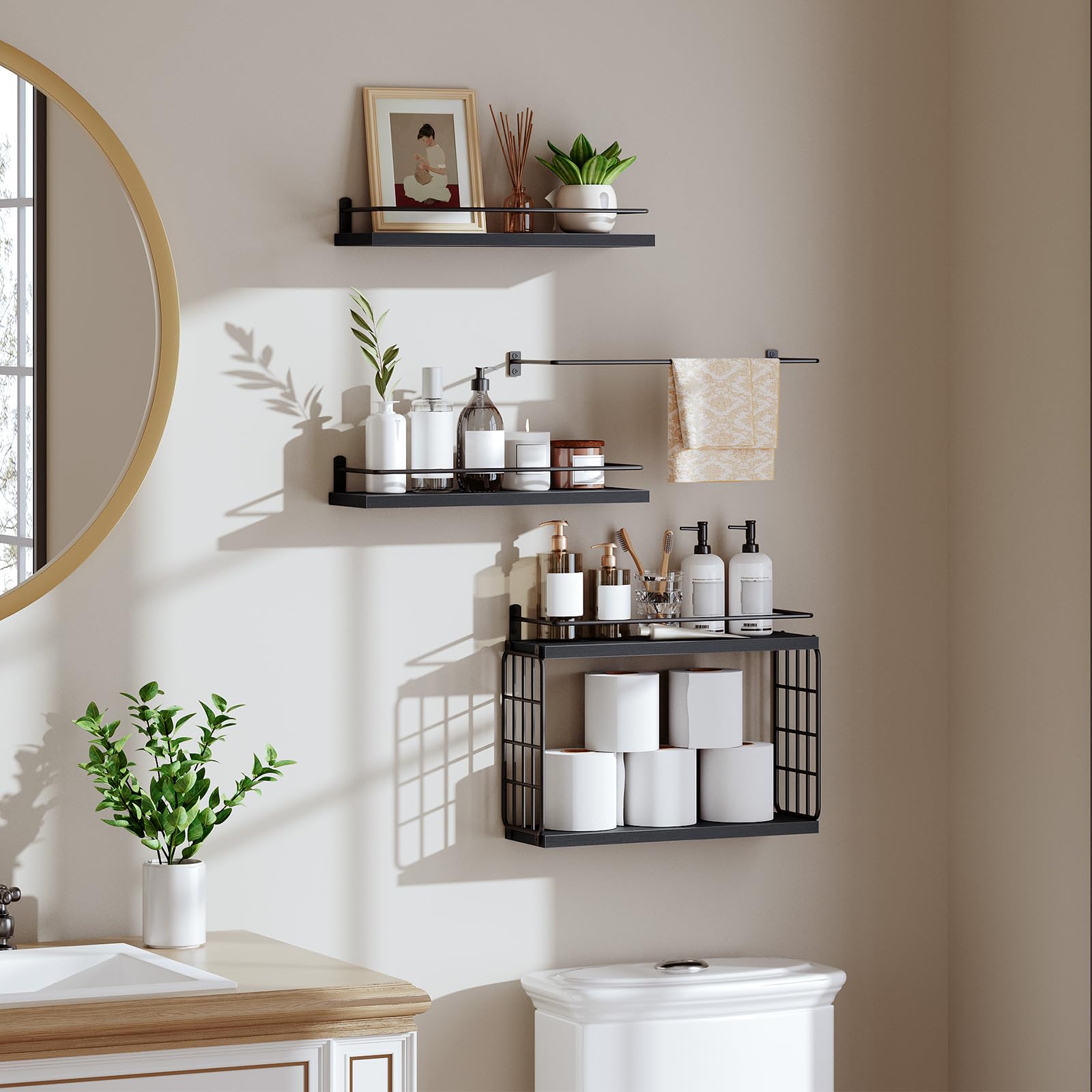 HOOBRO 4+1 Tier Floating Shelves, Bathroom Shelves Over Toilet with Wire Storage Basket, Wall Mounted Floating Shelf Organizer, Rustic Brown BF30BJ01