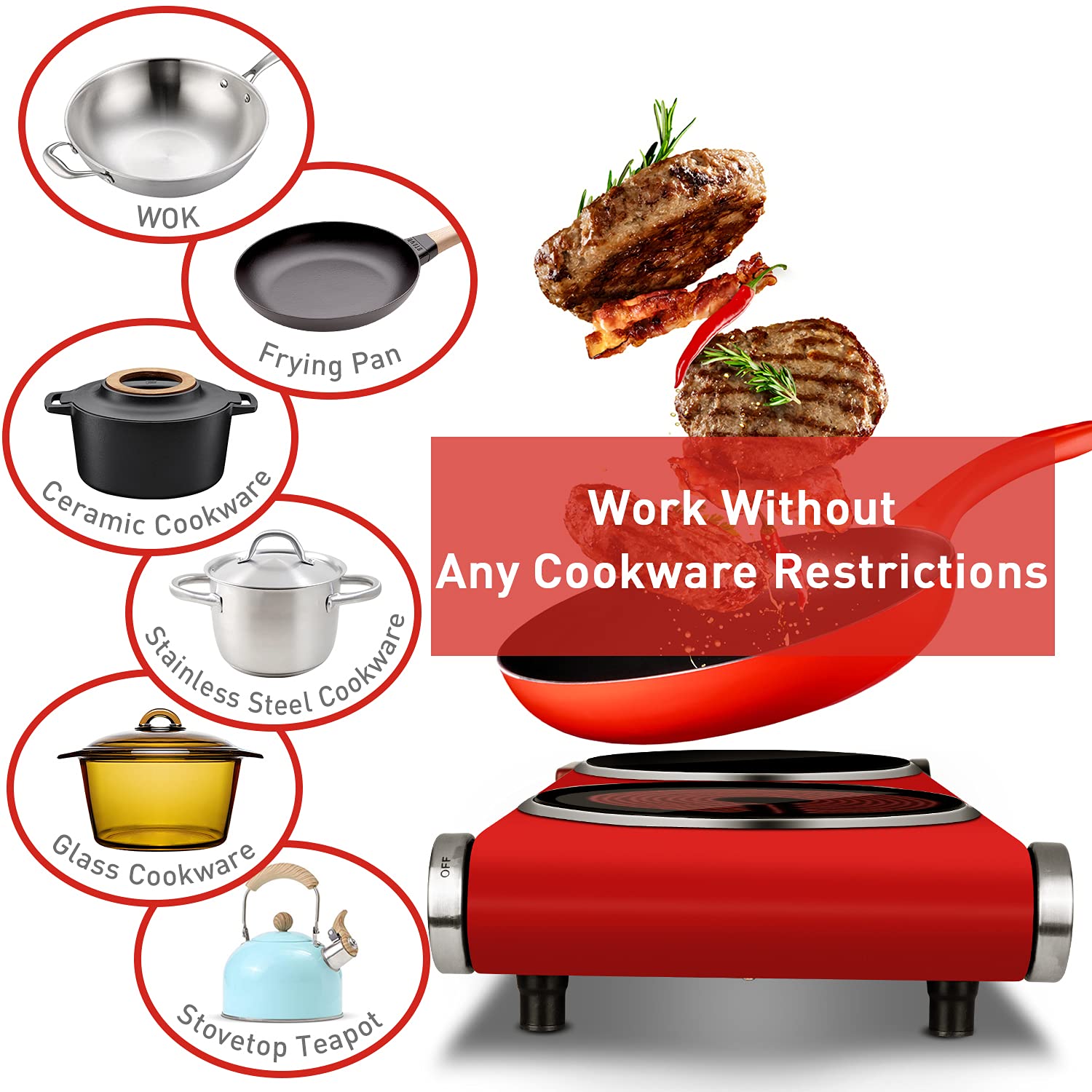 Hot Plate, Techwood 1800W Dual Electric Stoves, Countertop Stove Double Burner for Cooking, Infrared Ceramic Hot Plates Double Cooktop, Red, Brushed Stainless Steel Easy To Clean Upgraded Version, Red