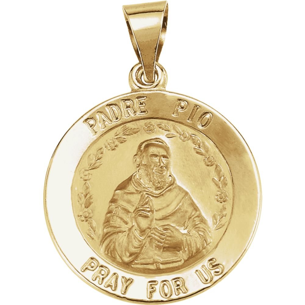 Jewels By Lux 14K Yellow Gold 18mm Round Hollow Padre Pio Medal