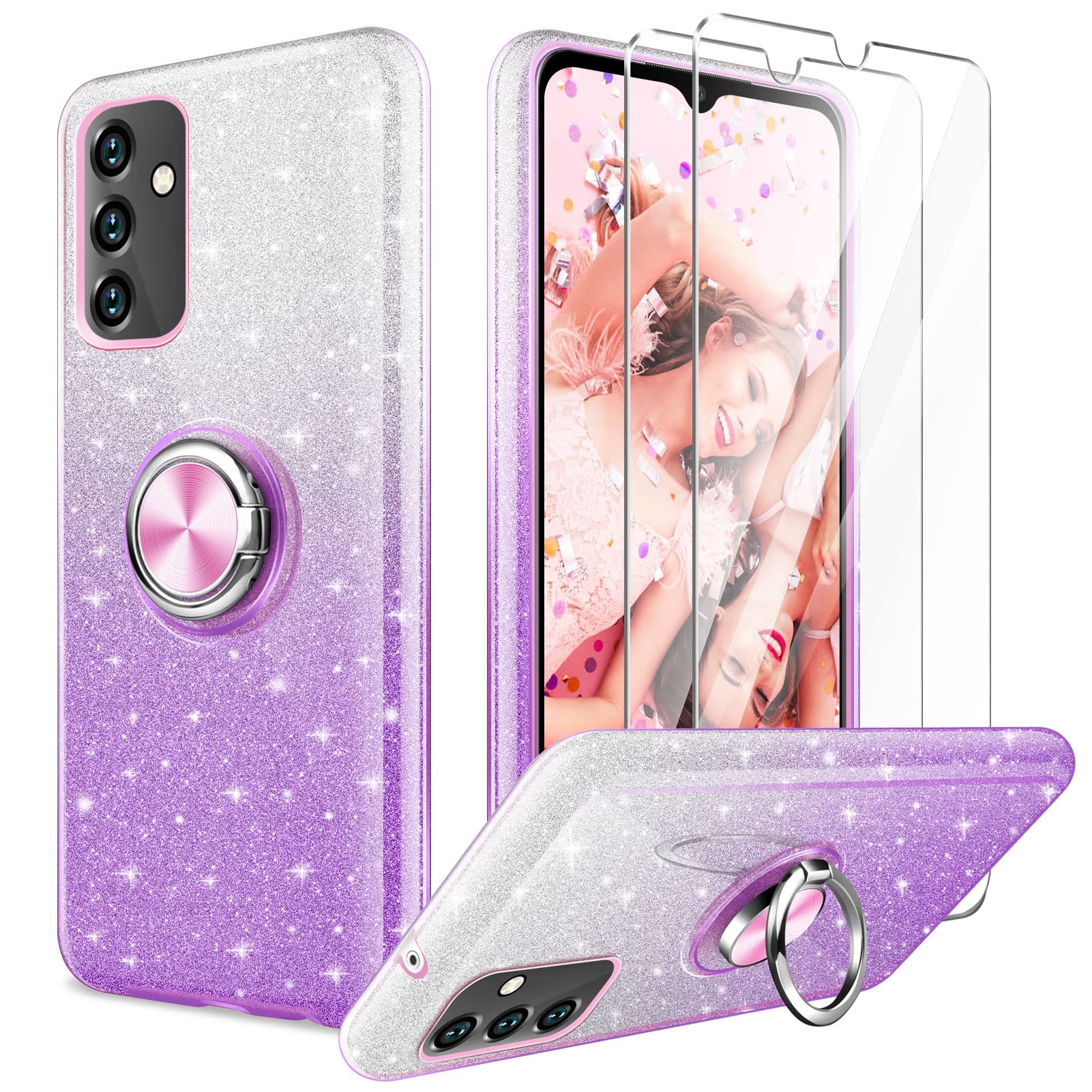 KSWOUS for Galaxy A13 5G Case with Screen Protector [2 Pack], Glitter Sparkly Bling Protective Cover with Kickstand for Women Girls Slim Shockproof Case for Samsung A13 Phone Case (Purple)