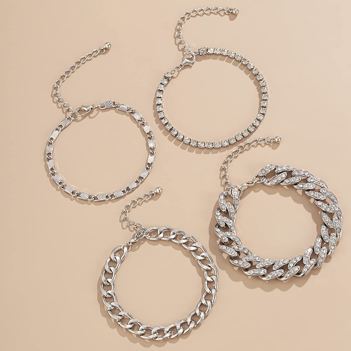 Kercisbeauty 4pcs Women Dainty Bracelet Set with Lock Toggle Clips Pendant Cuff and Chunky Chain Bracelets Punk Jewelry (Silver)