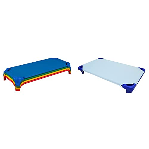 Sprogs Deluxe Heavy-Duty Childrens Standard 52" L Stackable Daycare Cot with Easy Lift Corners Cots & American Baby Company 100% Natural Cotton Percale Standard Daycare/Pre-School Cot Sheet, Blue