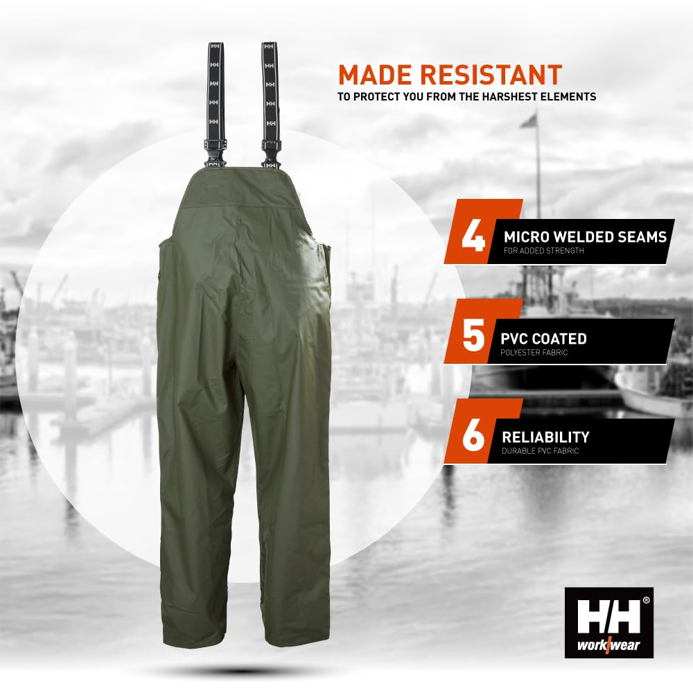 Helly-Hansen Workwear Mandal Waterproof Bib Overalls for Men Made of Durable PVC-Coated Polyester, Breathable and Adjustable, Army Green - L