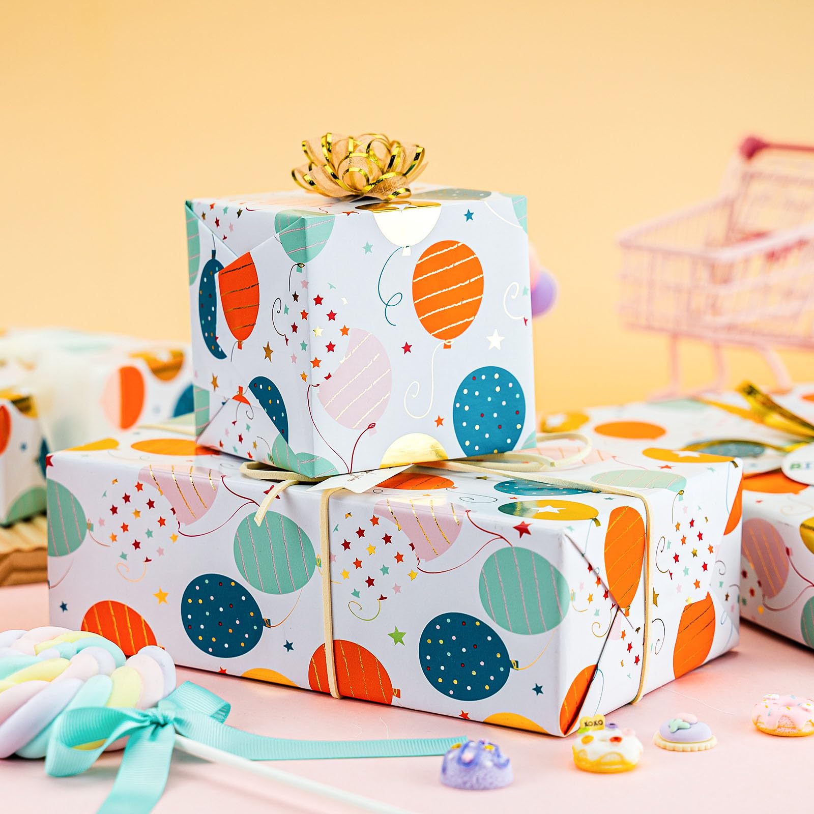 Retrify Birthday Wrapping Paper, Metallic Gold Gift Wrap Paper Roll, Colorful Balloon Cute Polka Dot Star Happy Birthday Design - 17 Inches x 32.8 Feet