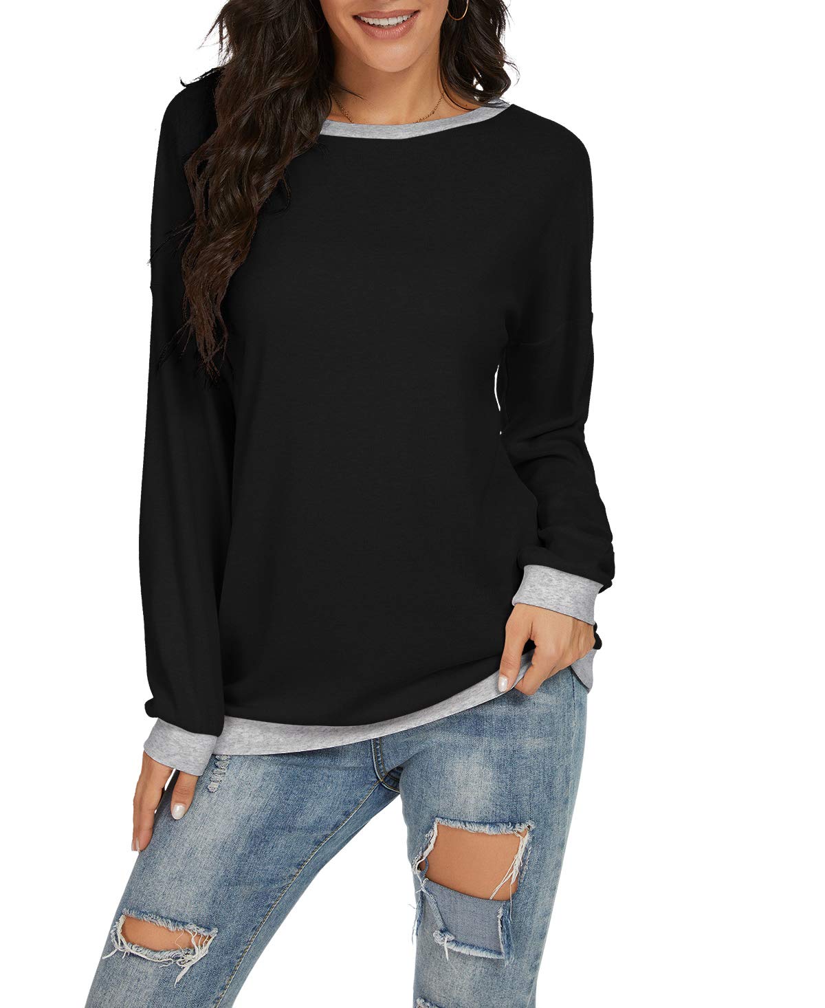 JINKESI Women Long Sleeve Tops Color Block Sweatshirts Round Neck Loose Tunic Top Black-X-Large