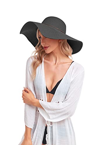 Women Wide Brim Straw Hats,Folable Floppy Sun Hats for Women Uv Protection,Summer Beach Packable Sun Hats UPF 50+ Black