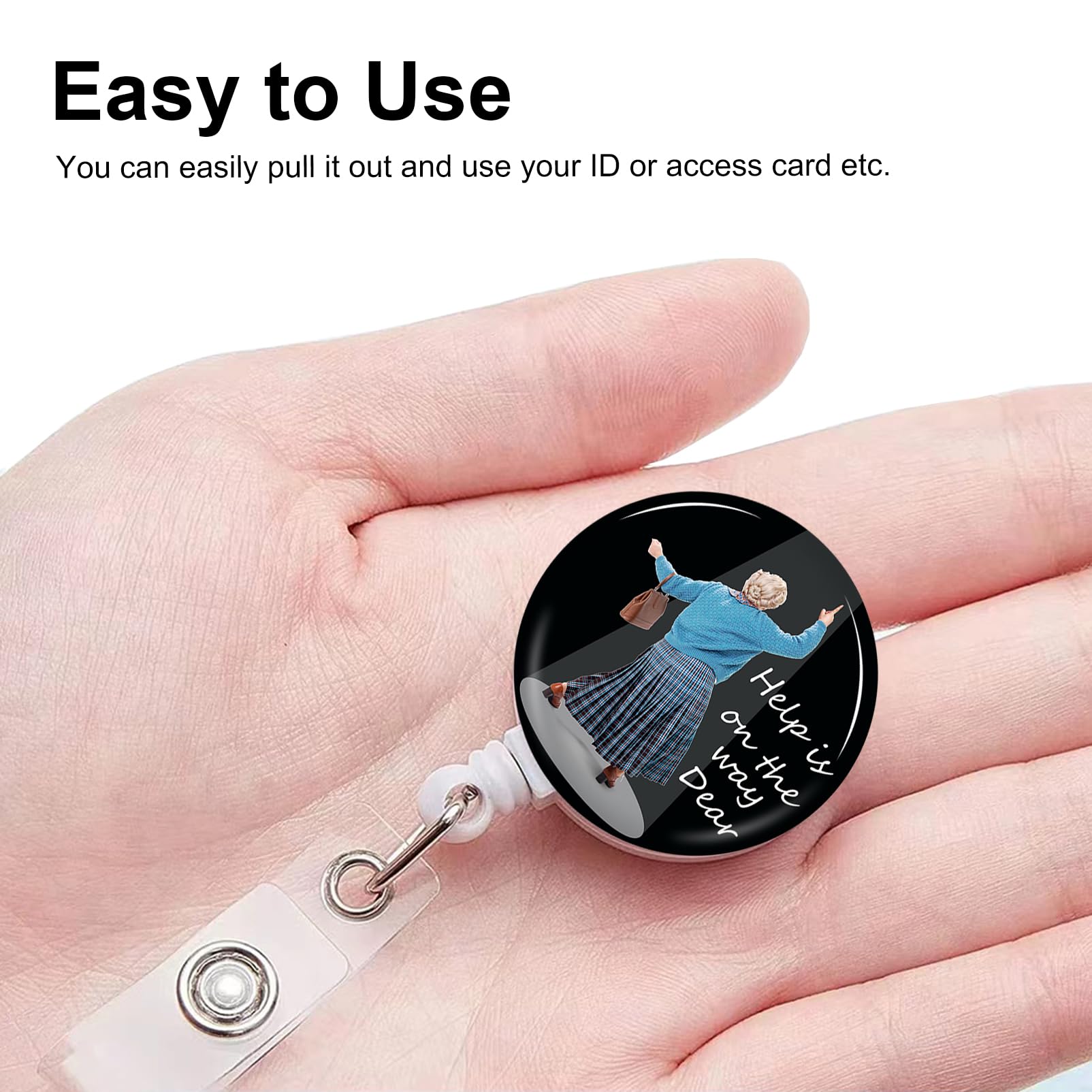 Help is on The Way Dear Badge Reel,Funny Badge Reels Retractable,Badge Holder Retractable Clip,Retractable Badge Holders for Nurses Office Teacher Blcak