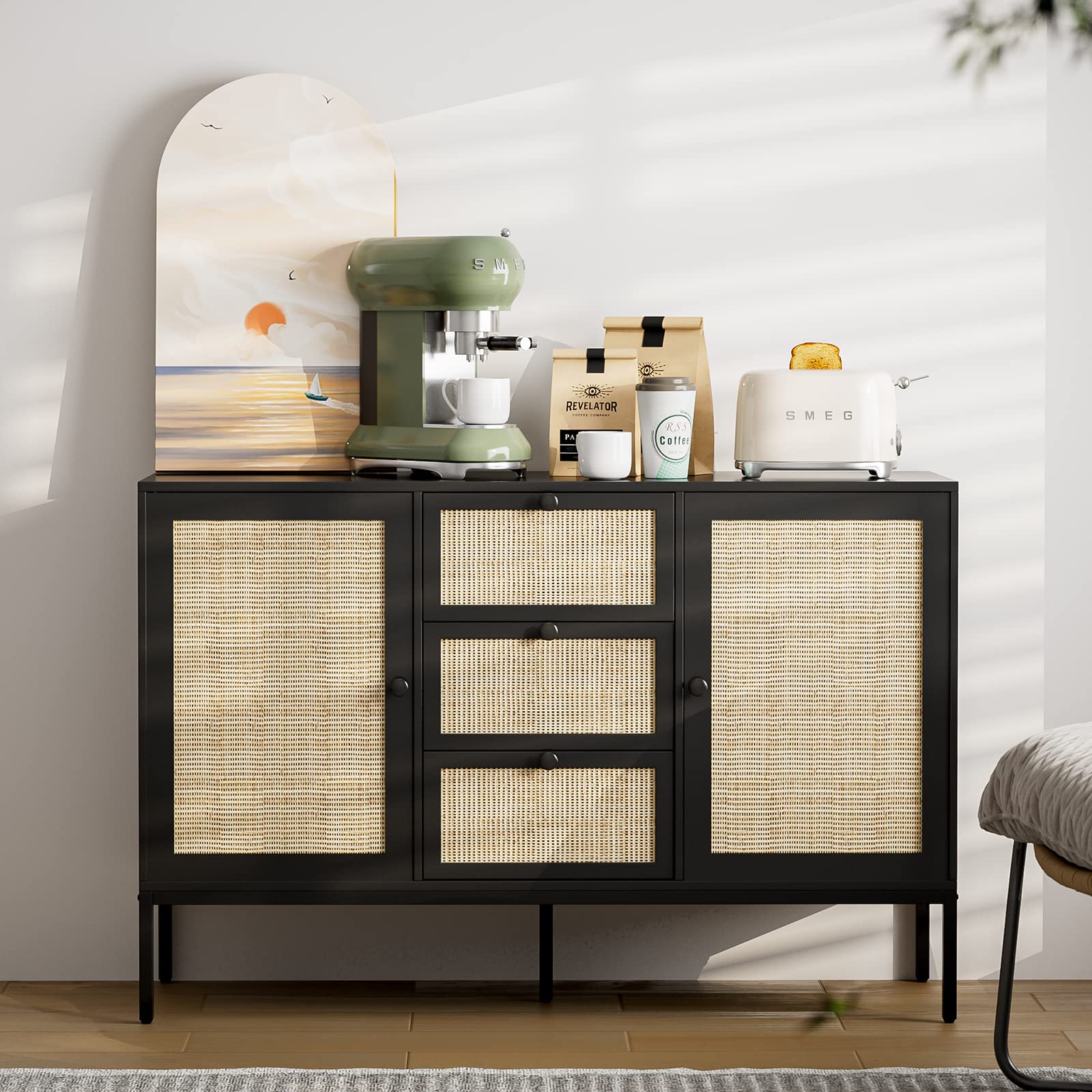 IKIFLY LED Sideboard Buffet Cabinet with 3 Drawers & 2 Doors, Modern Kitchen Rattan Storage Cabinet for Dining Room, Kitchen, Living Room, Entryway