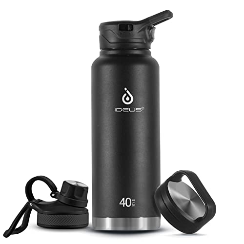 IDEUS Insulated Stainless Steel Water Bottle with 2 Leak-Proof Lids, Thermal Water Flask for Hiking Biking, 40oz, Green