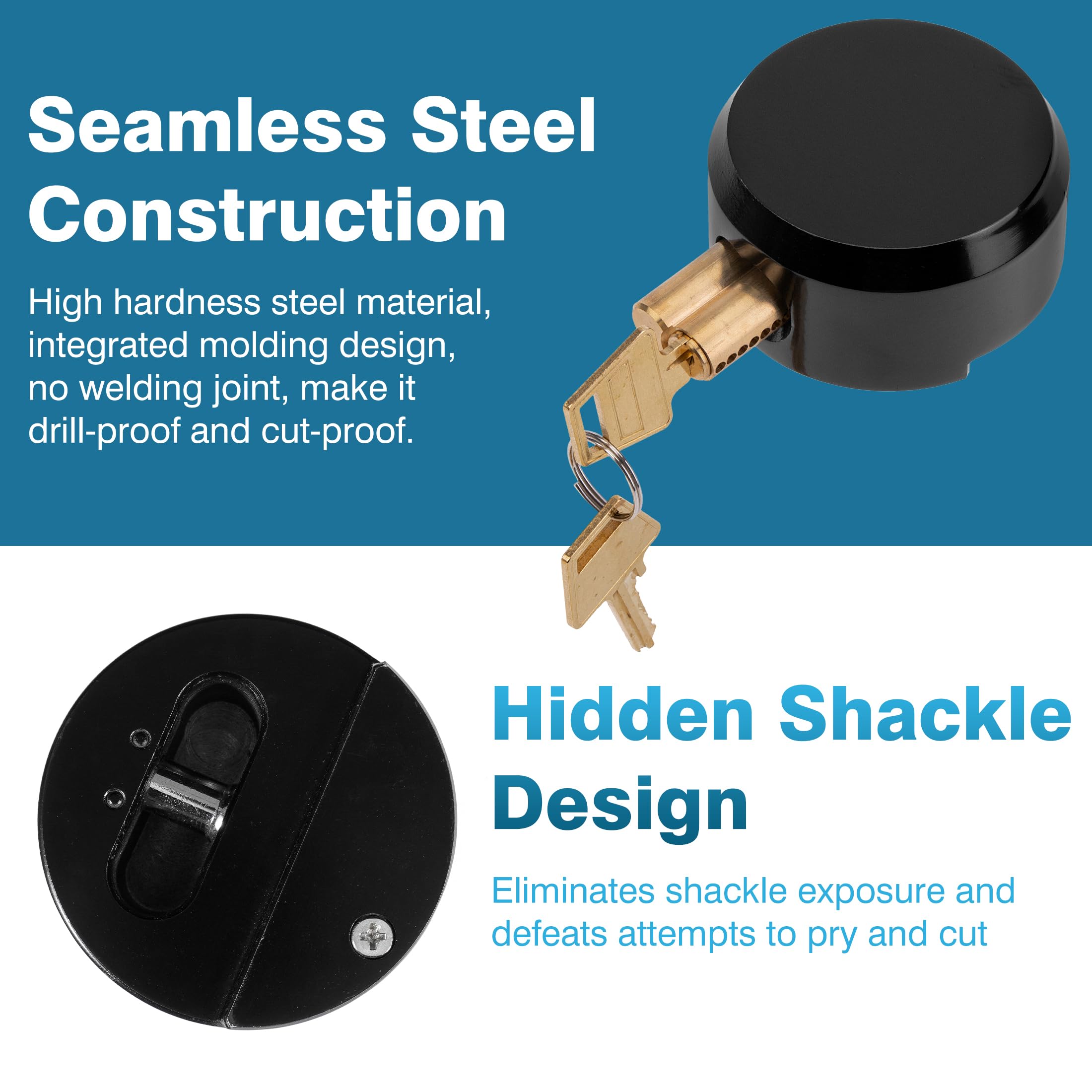IRONWALLS Black Hidden Shackle Padlock 2 Pack, 73mm/2-7/8β Puck Lock Keyed Different with Hasp, 4pcs Keys & Fixing Screws, Heavy Duty Steel Padlocks for Doors, Trucks, Gates, Trailer