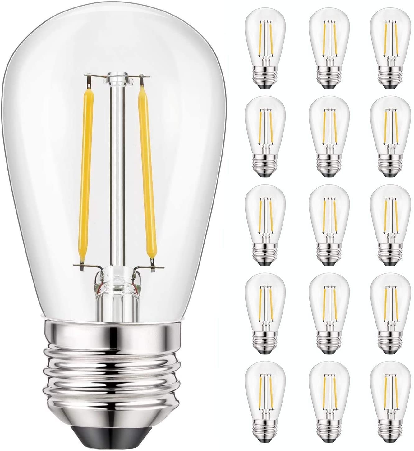Jasneniebo 15 Pack LED S14 Replacement Light Bulbs, Dimmable Shatterproof 2W Outdoor String Light Bulbs Equivalent to 11-25 watt, E26 Medium Base, Warm White