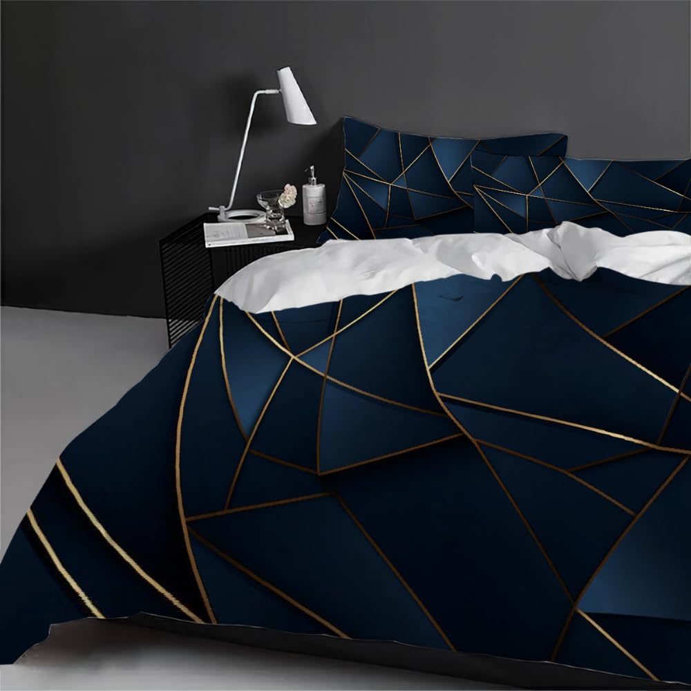 TBAUYI Navy Blue Duvet Cover King Size 3 Pieces,Geometric Gold Line 3D Printed Bedding Set with 2 Pillow Shams Luxury Soft Microfiber Bed Cover, Type13