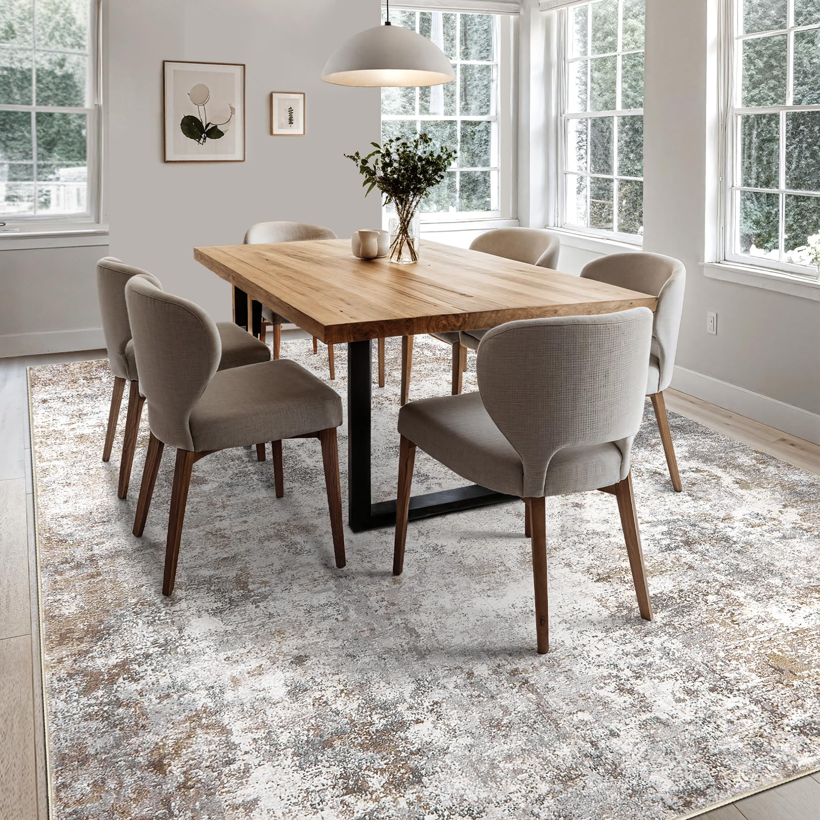 UERMEI 9x12 Area Rug Living Room Rugs - Washable Neutral Modern Abstract Soft Thin Large Rug Indoor Floor No Slip Rug Carpet for Bedroom Under Dining Table Home Office Decor - Brown Grey