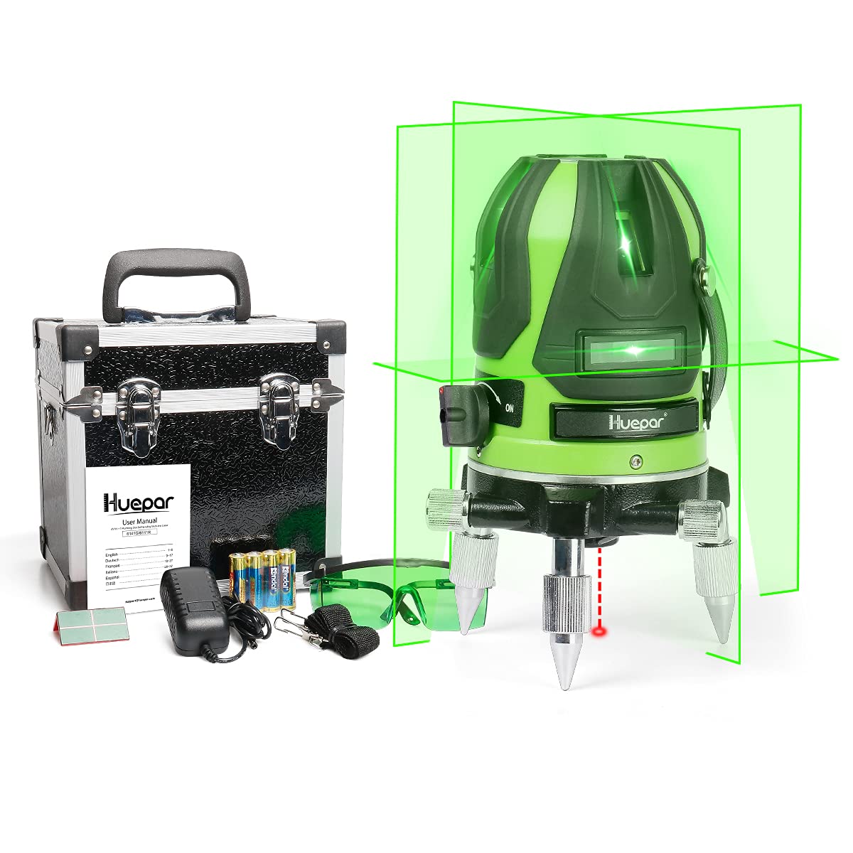 Huepar Green Beam Multi - Line Laser Level -Four Vertical and One Horizontal Lines with Down Plumb Dot -Alignment Self-leveling Laser Tool -360° Rotating Base, Hard Carrying Case Included 6141G
