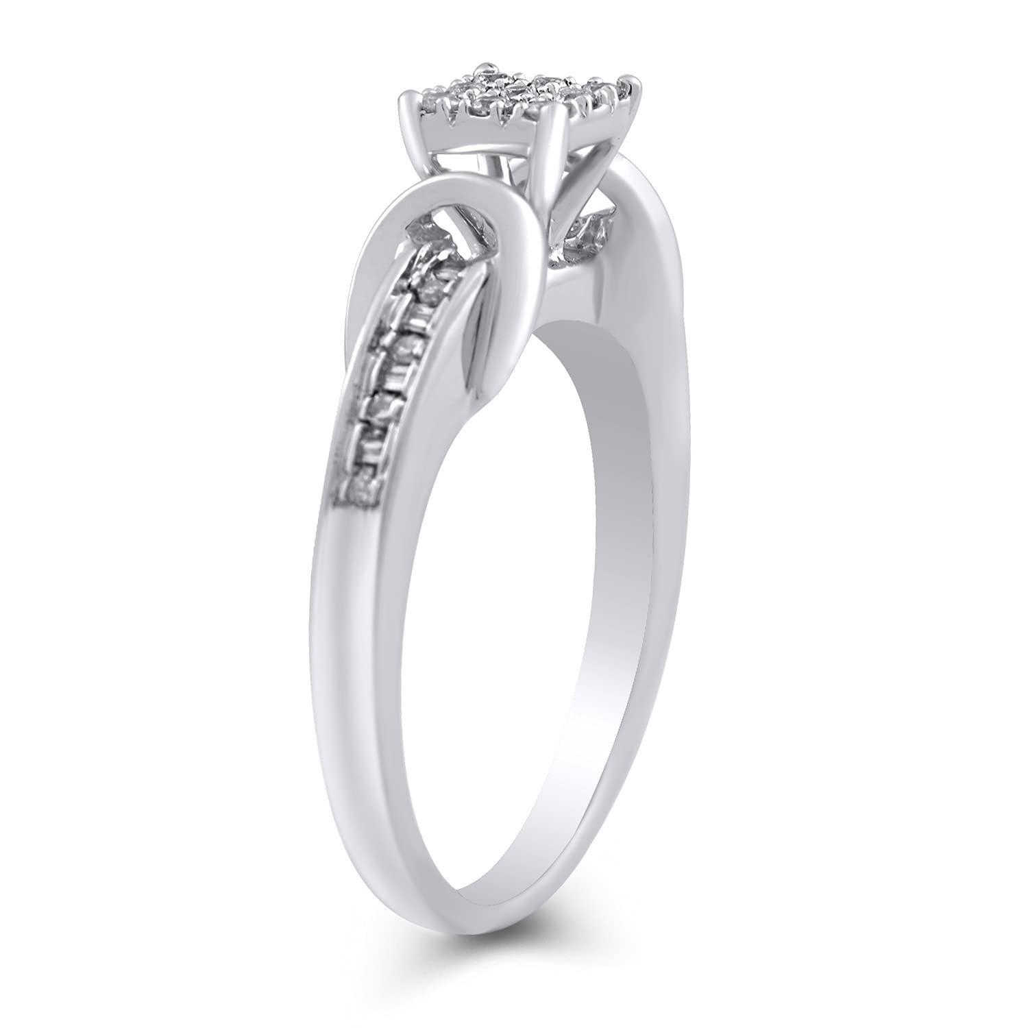 Jewelili Sterling Silver 1/6 Cttw Natural White Round and Baguette Cut Diamond Engagement Ring, Size 7